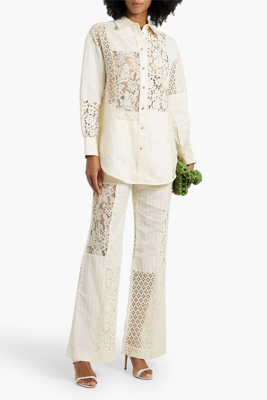 Pantalons larges en lin et soie avec panneaux en dentelle Patchwork ...